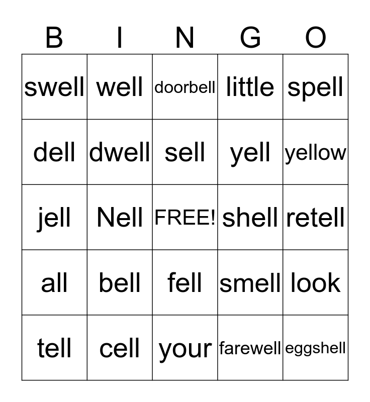 -ell Word Family Bingo Card