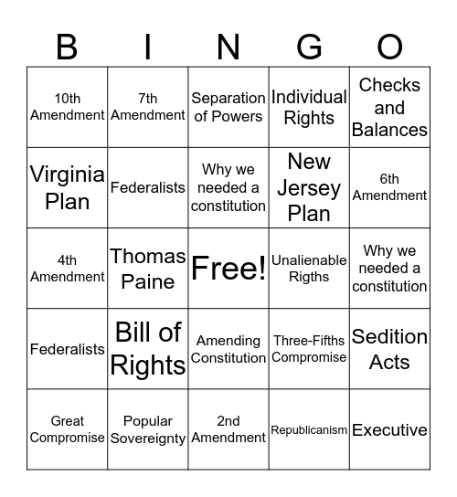US History Bingo Card