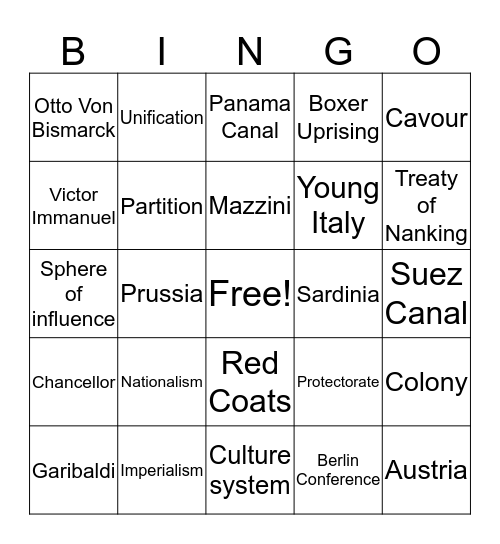 Nationalism/Imperialism Bingo Card