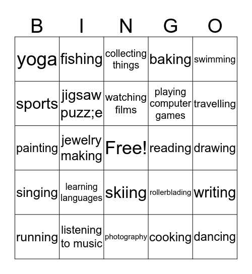 Hobbies Bingo Card