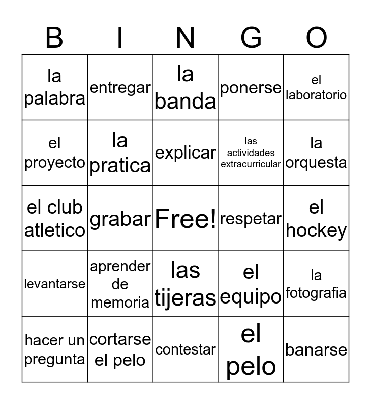 Realidades 2 Review Bingo Card