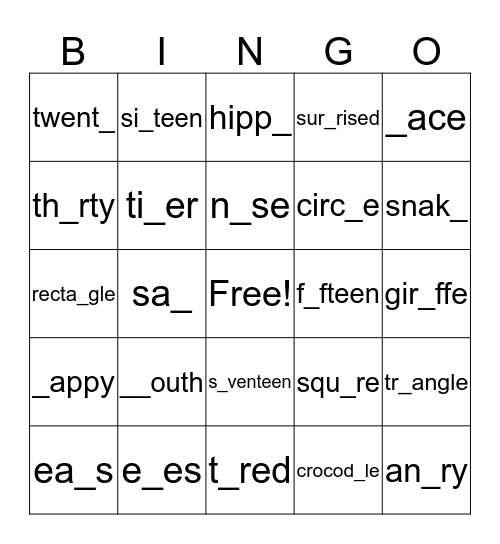 English Bingo Card
