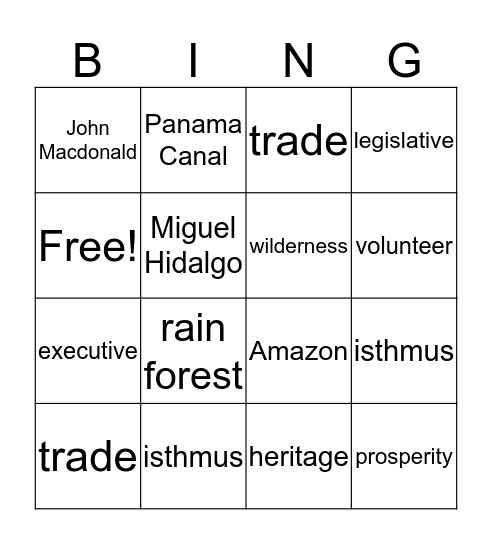 Social Studies Trivia Bingo Card