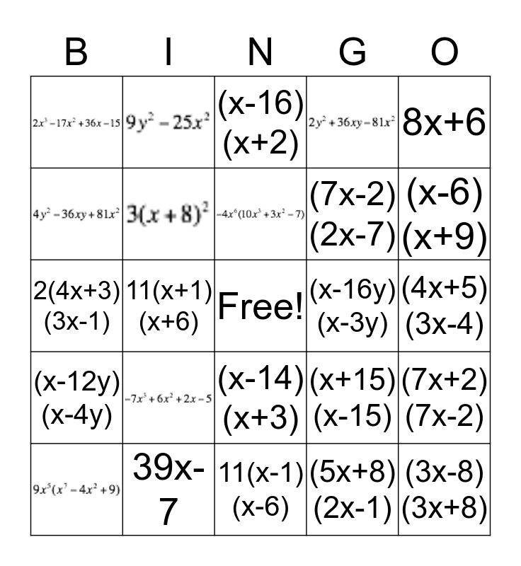 Polynomials Bingo Card