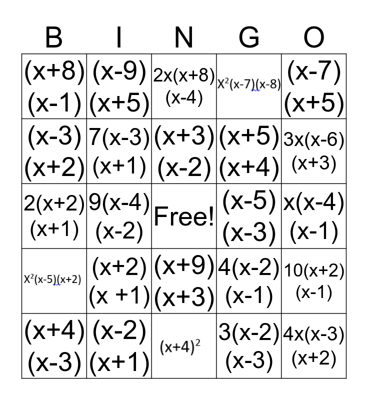 Factoring Polynomials Bingo Card