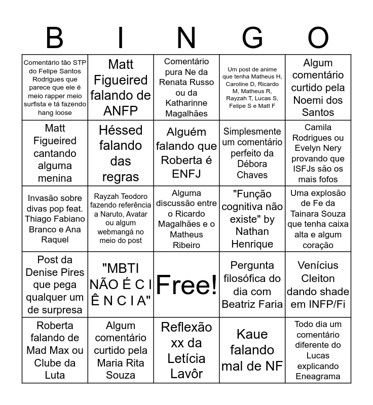 Bingo dos 16 Tipos Bingo Card