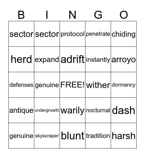 Grade 5 Words Bingo Card