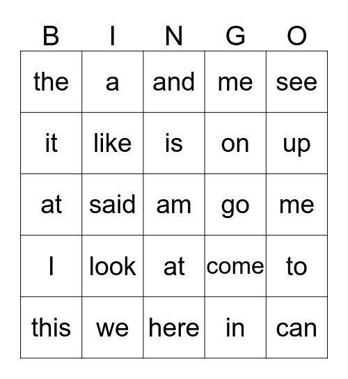 Site Word Bingo Card