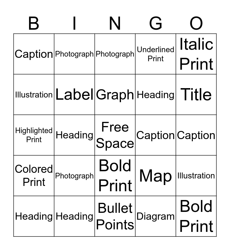 Text Feature Bingo Card