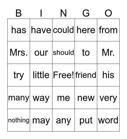 First Grade Trick Word Bingo Card