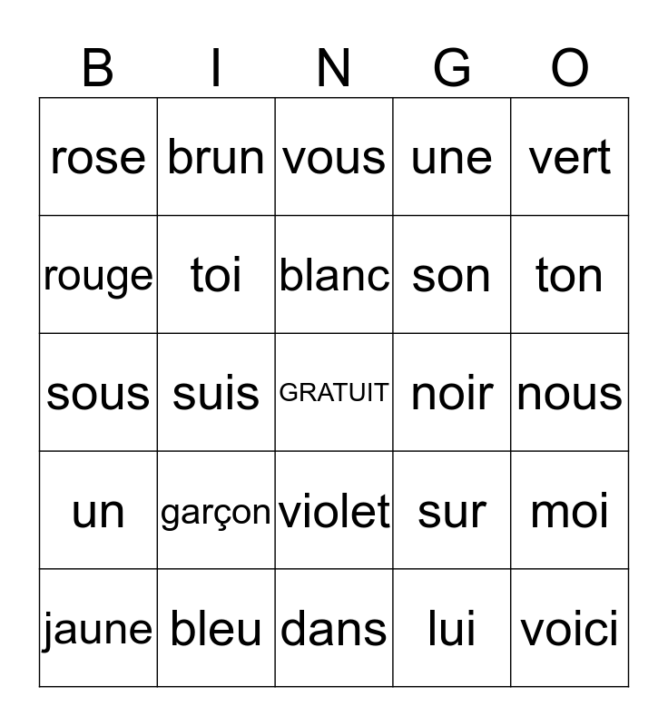 BINGO DES MOTS FRÉQUENTS Bingo Card