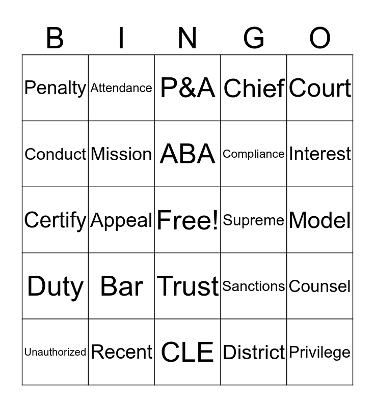 Ethics Bingo Card