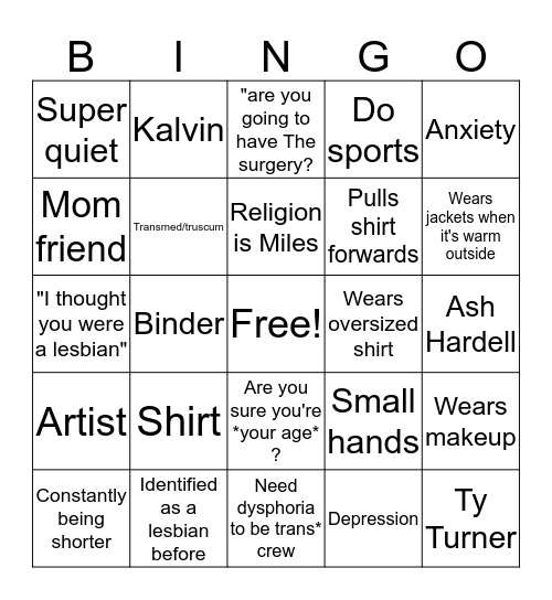 Trans masculine bingo Card