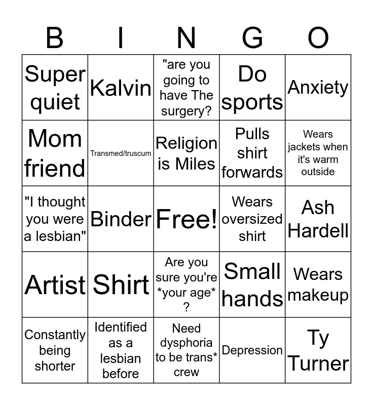 Trans masculine bingo Card