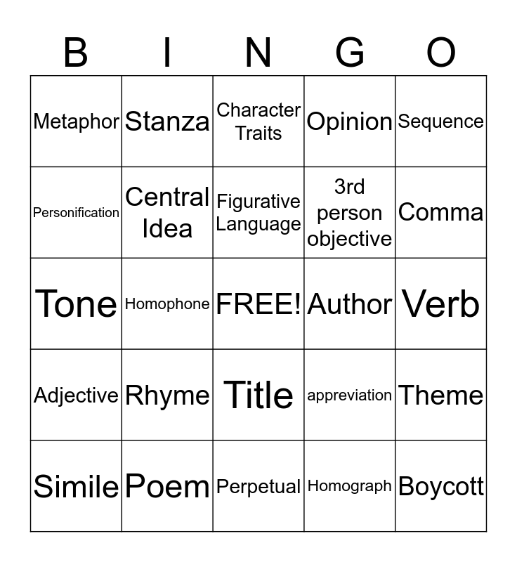 ELA Bingo Card