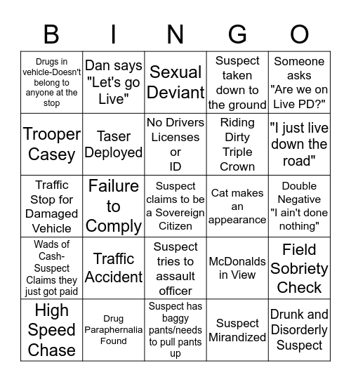 Live PD Bingo Card