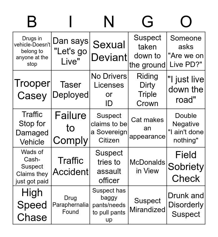 Live PD Bingo Card
