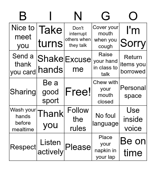 Manners Bingo Card
