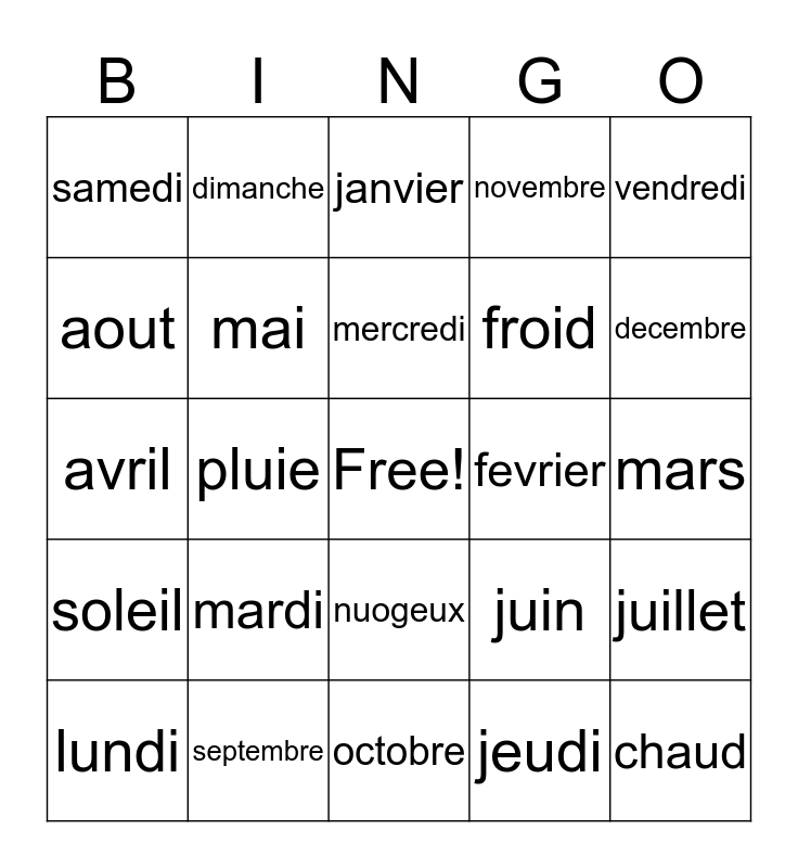 french bingo Card