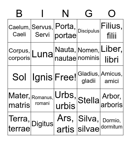 Latin Noun Bingo 2 Bingo Card
