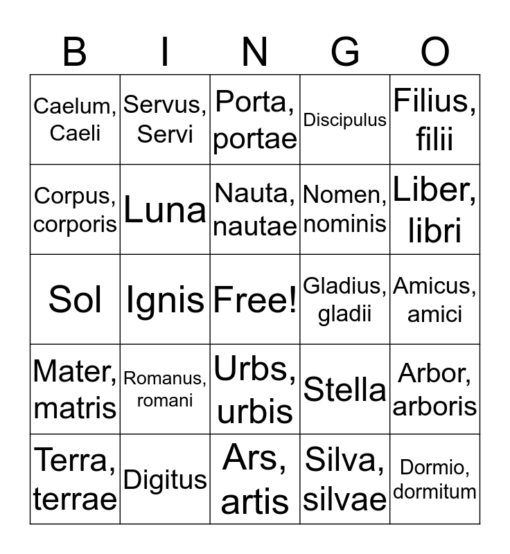 Latin Noun Bingo 2 Bingo Card