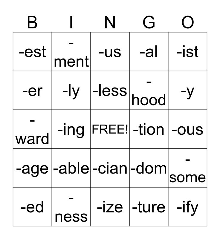 Suffix Bingo Card