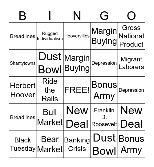 Great Depression Bingo Card