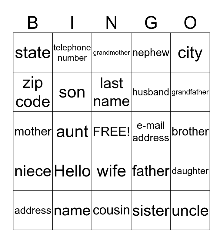 Unit 1 Bingo Card