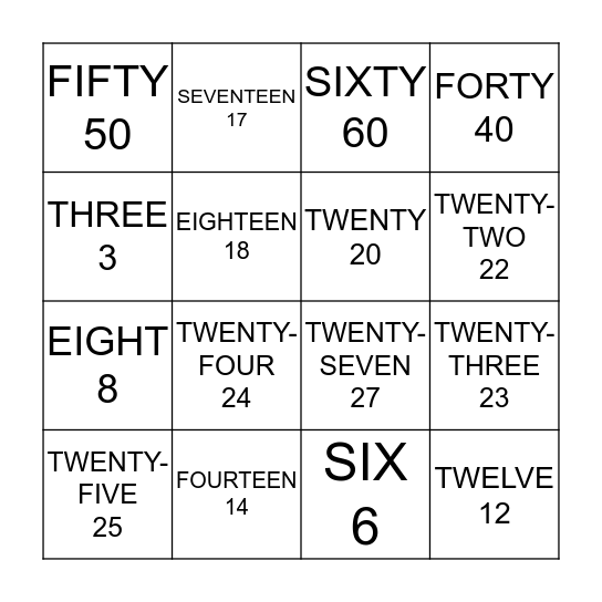 ENGLISH NUMBERS Bingo Card