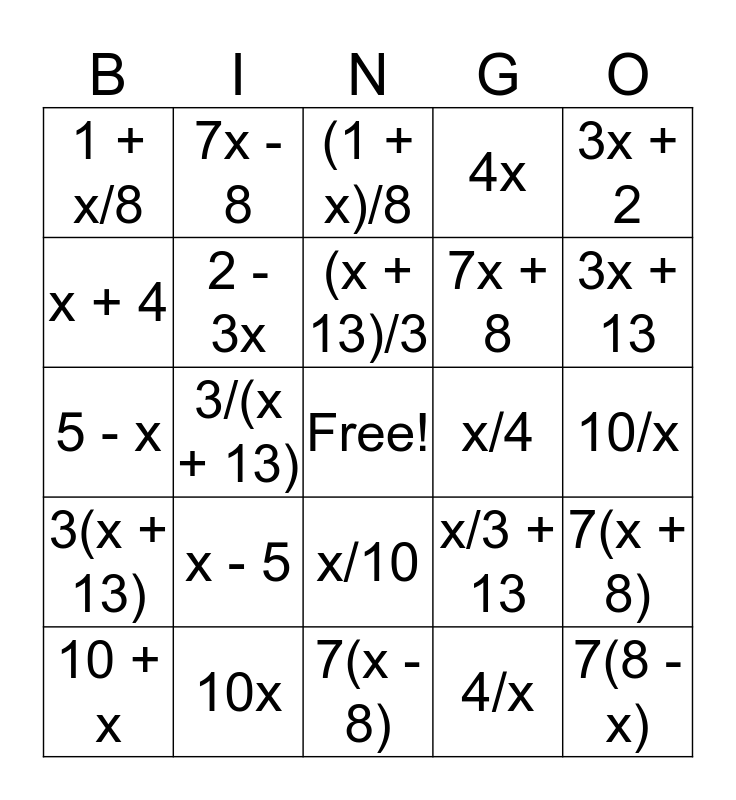 Translating Algebraic Expressions Bingo! Bingo Card