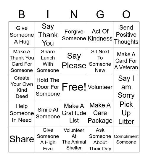Kindness Bingo Card