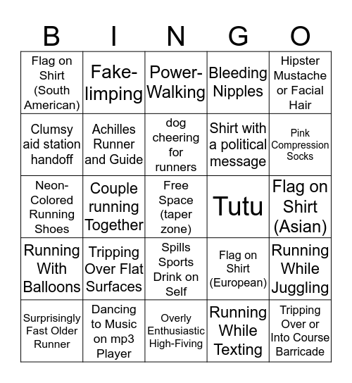 2013 NYC Marathon Spectator Bingo Card