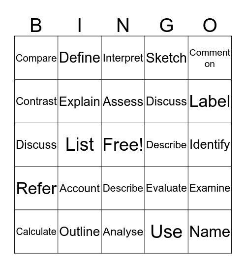 Command Word Bingo Card