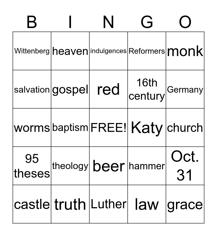 Reformation Bingo Card