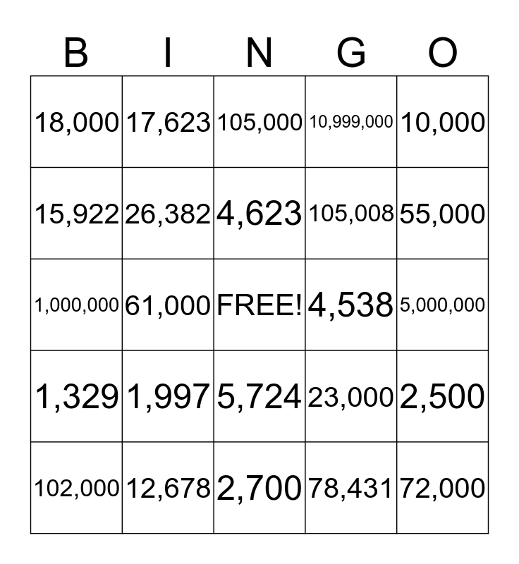 Large Numbers Bingo Card