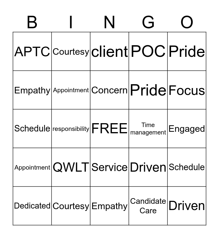 Customer Service Bingo Card