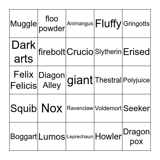 WIZARD BINGO WORDS Bingo Card