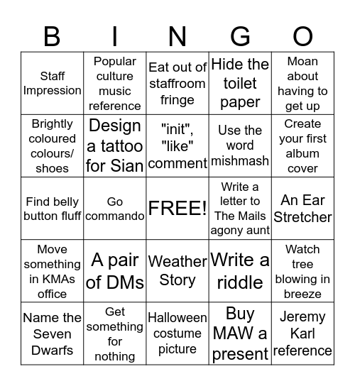 Boredom Bingo Card
