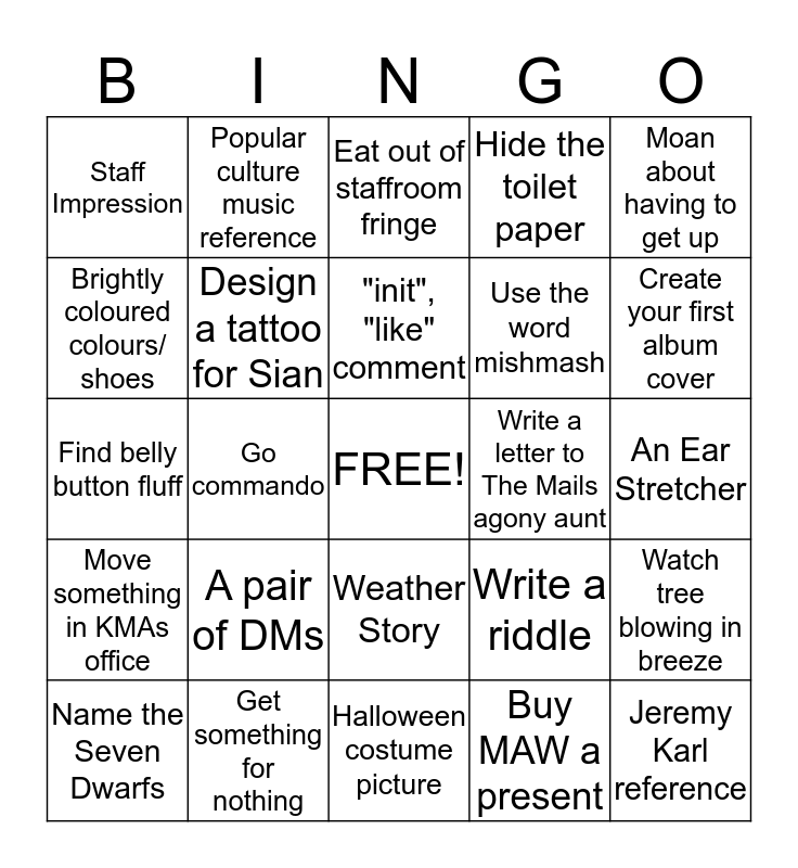 Boredom Bingo Card