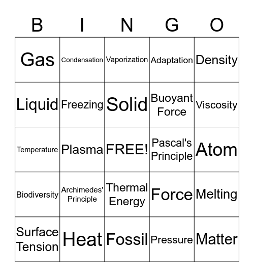 States of Matter Bingo Card