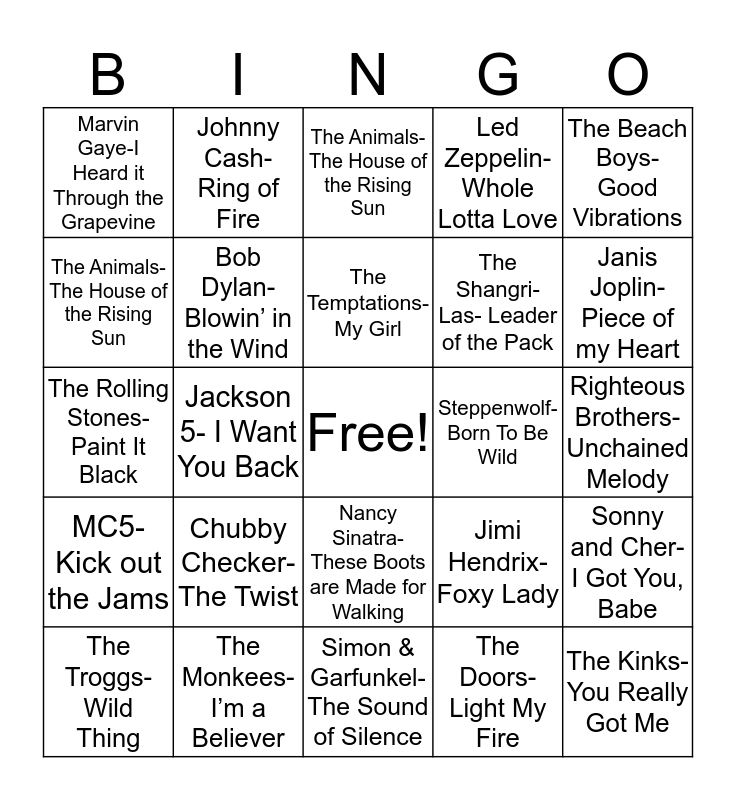 Total Quiz presents Radio Bingo: 60's Edition Bingo Card