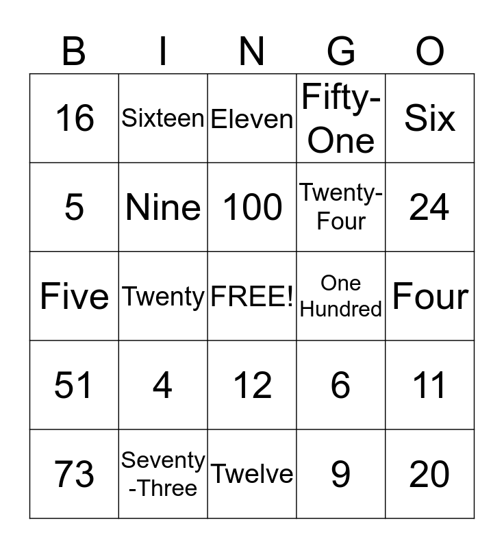 Number Bingo! Bingo Card