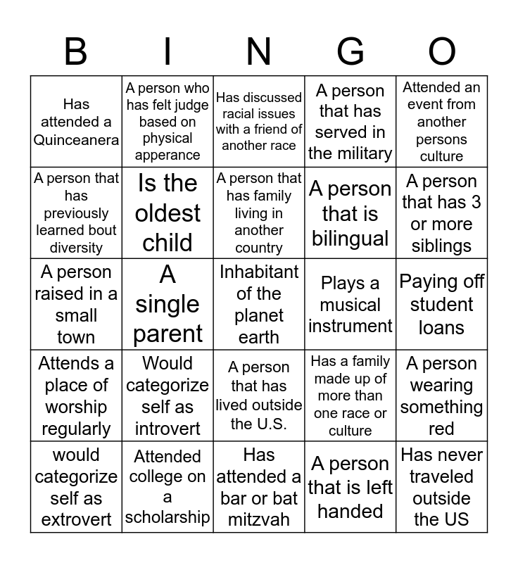 Diversity Bingo Card