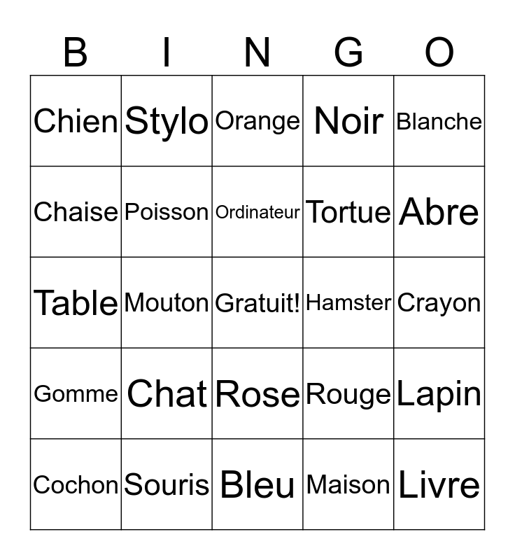 Les Animaux, Les Objets, et Les Couleurs Bingo Card