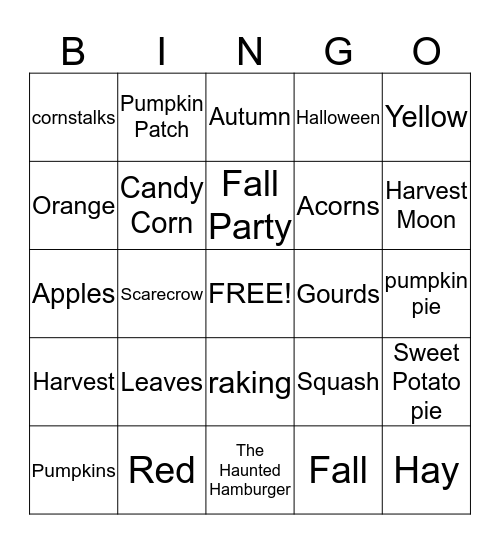 2nd Grade Fall Party Bingo Card