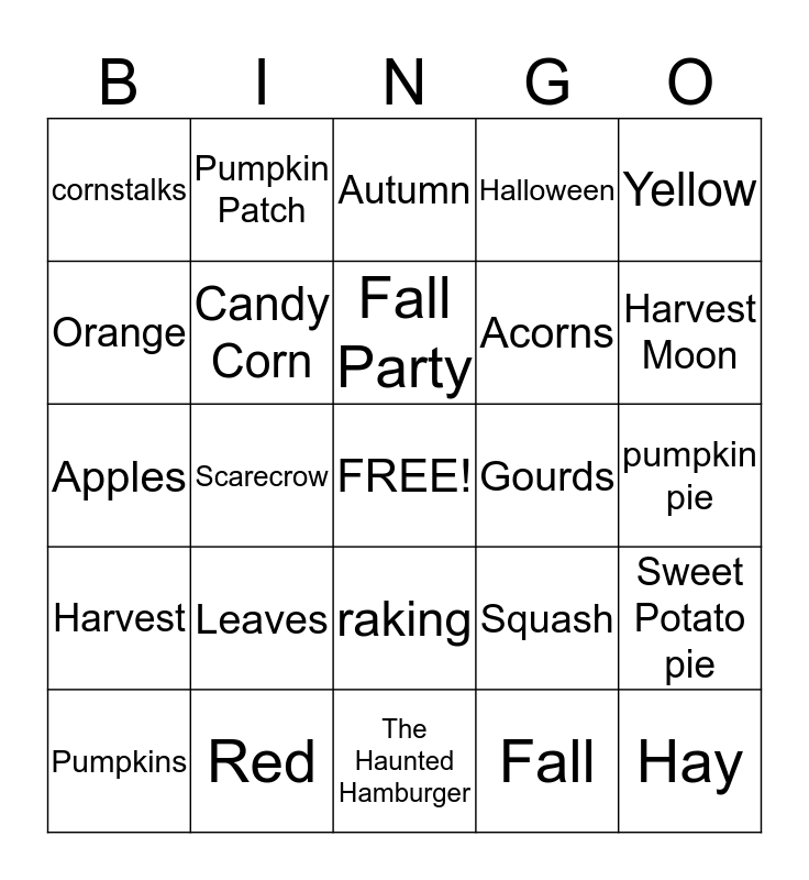 2nd Grade Fall Party Bingo Card