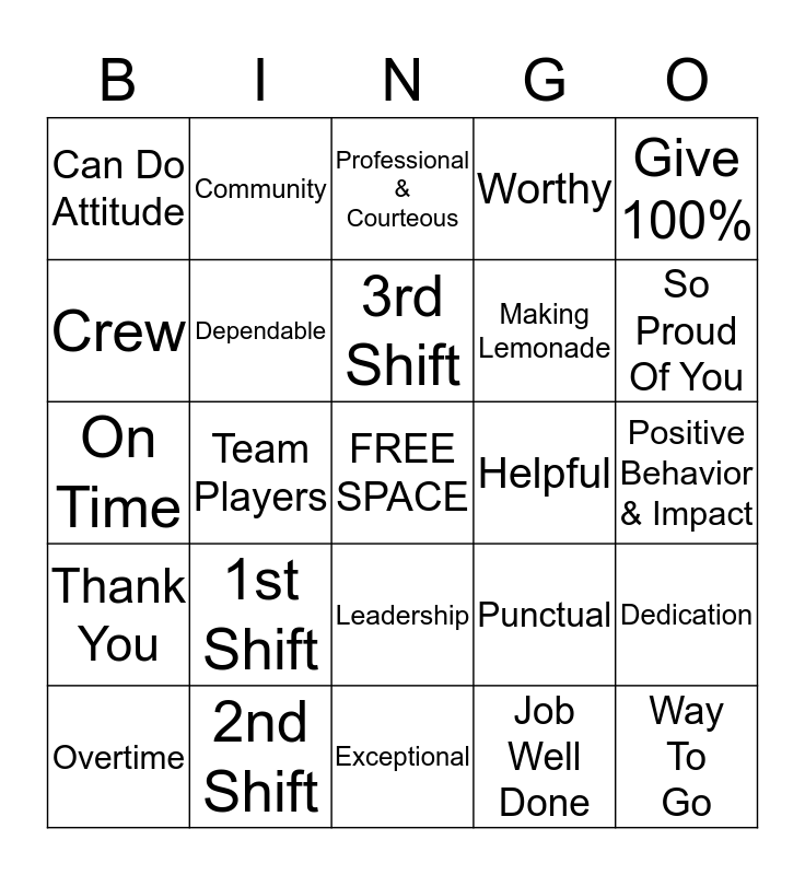 Employee Appreciation Bingo Card