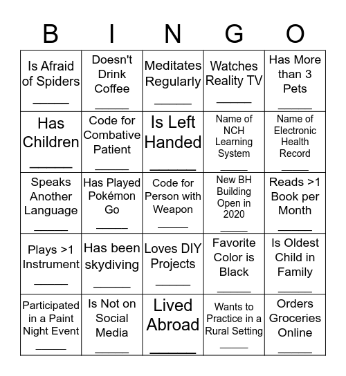 NCH BH Mix & Mingle Bingo Card