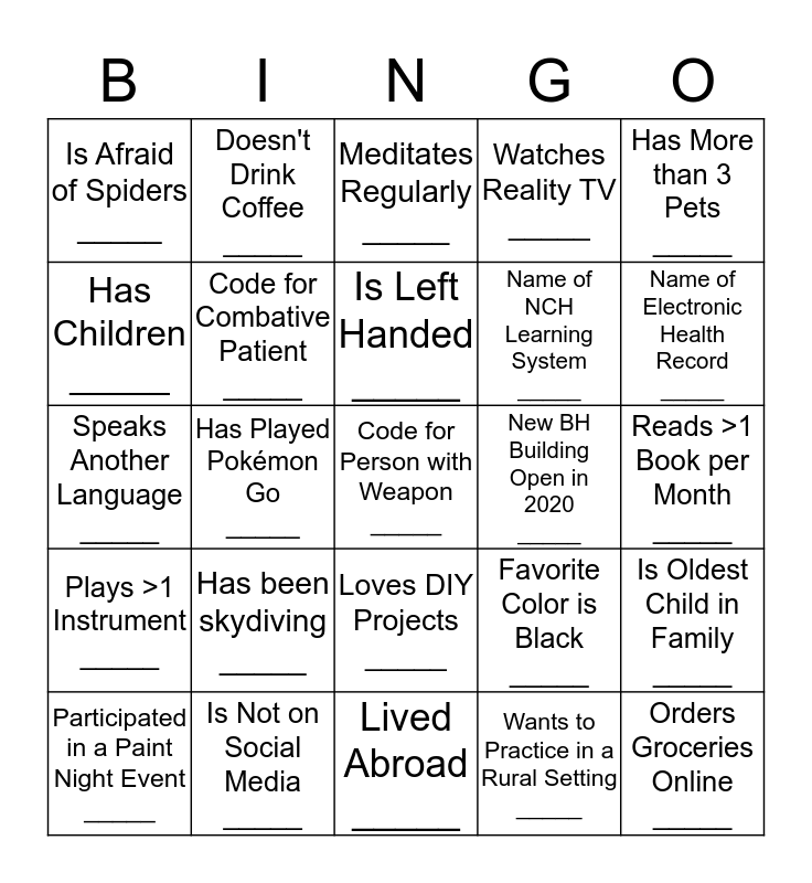 NCH BH Mix & Mingle Bingo Card