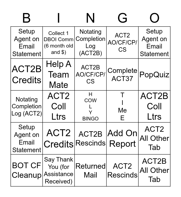 Holy Cow Bingo!! Bingo Card